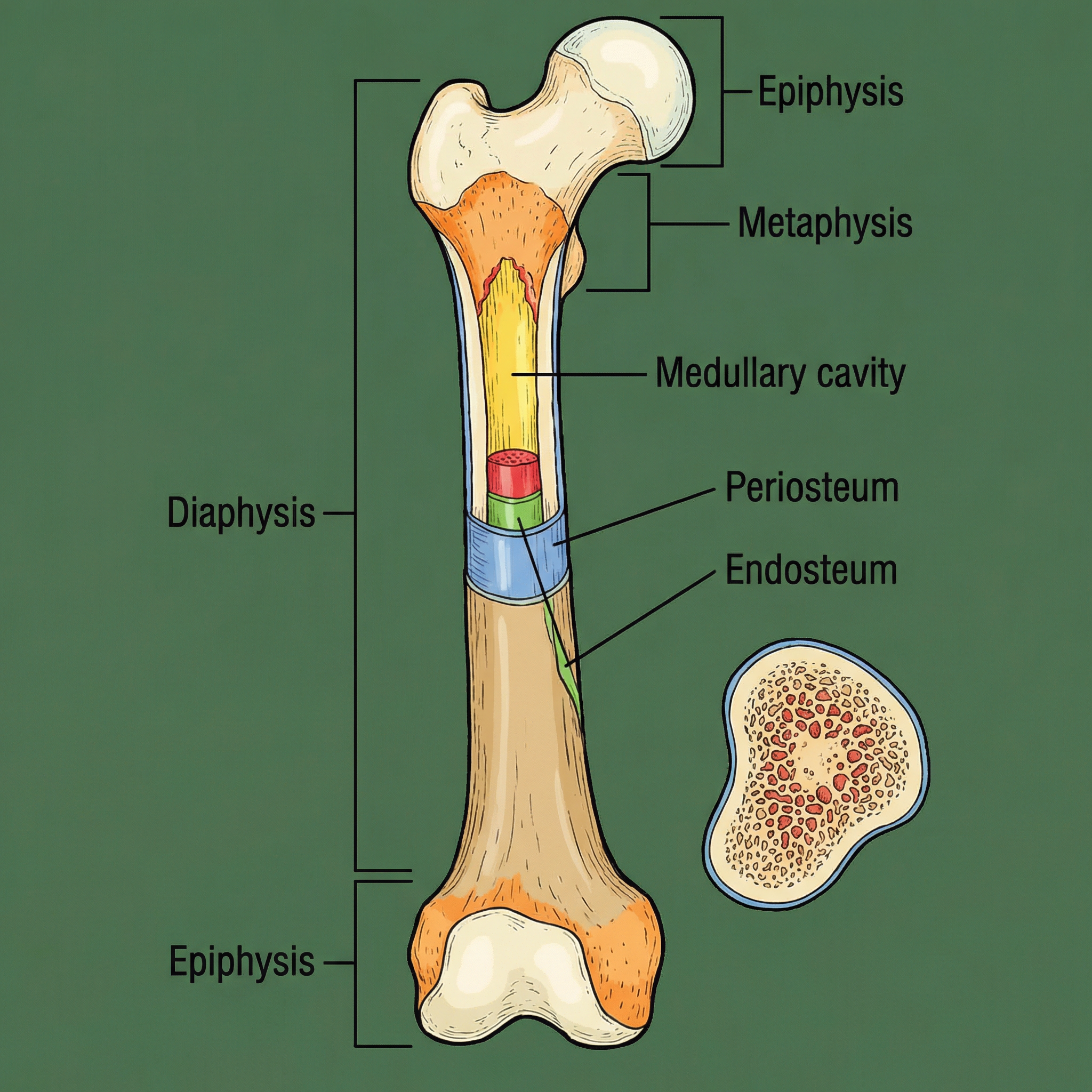 Labeled Femur Bone Pencil Diagram
