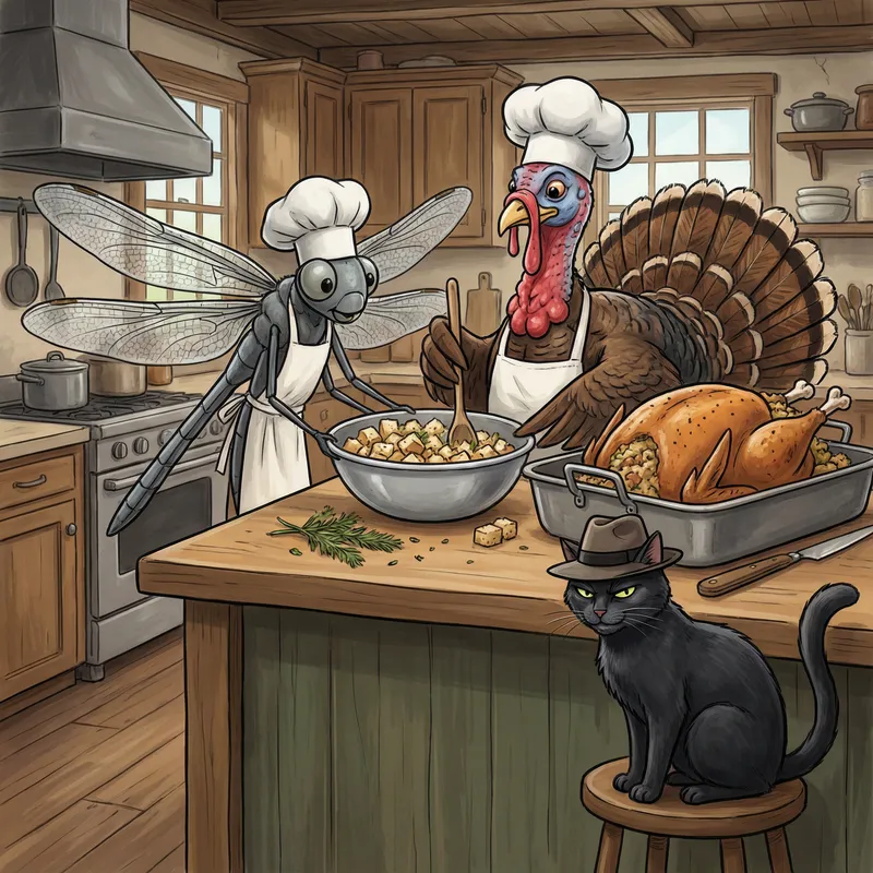 Turkey Stuffing with Dragonfly & Fedora-Wearing Cat | AI Art Generator ...