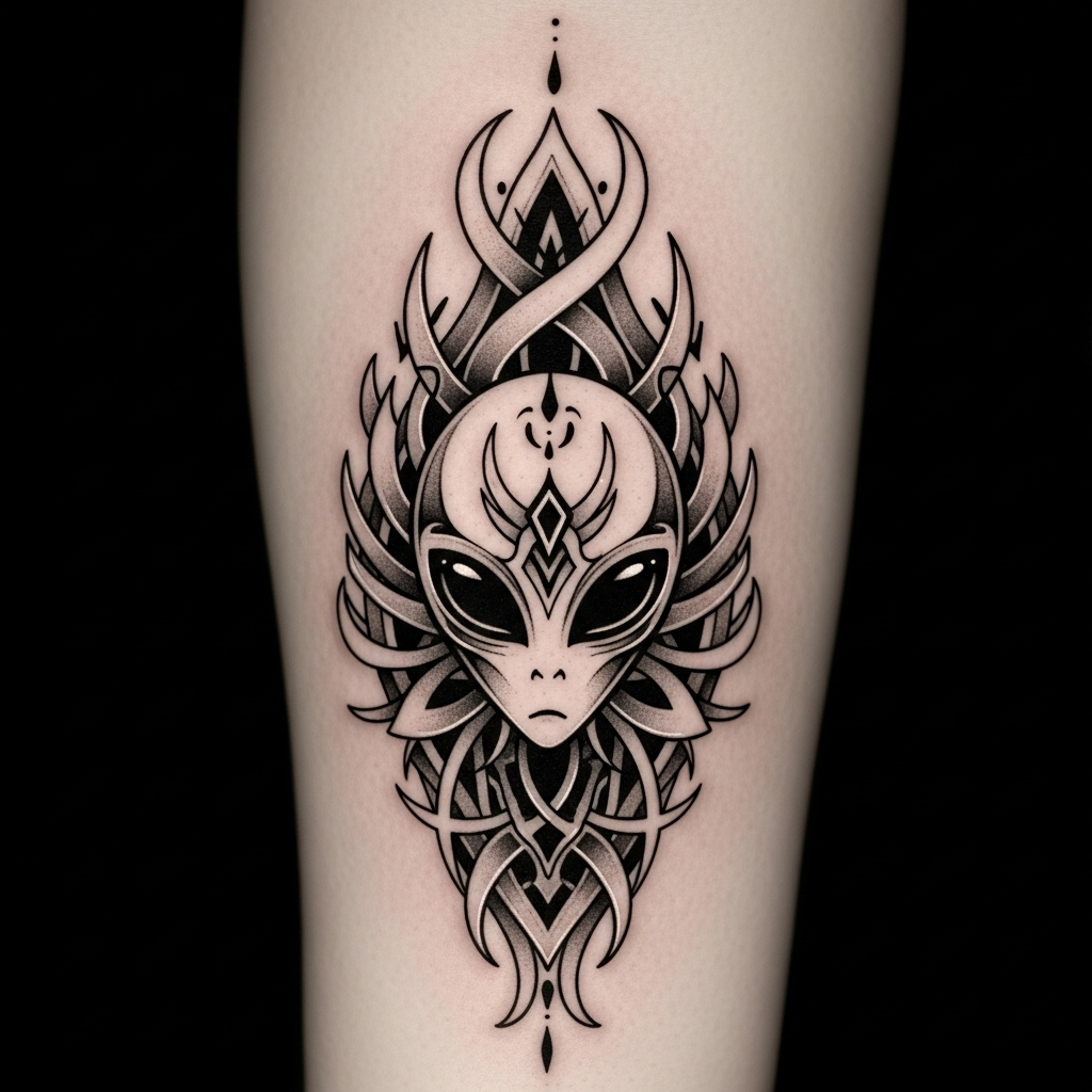 Geometric Dotwork Alien Tattoo Alien Tattoo Tattoos Line Tattoos