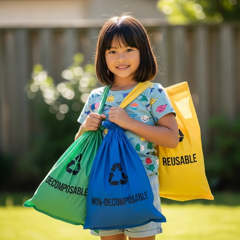 Child Sorting Trash: Decomposable, Non-Decomposable, Reusable Bags | AI ...
