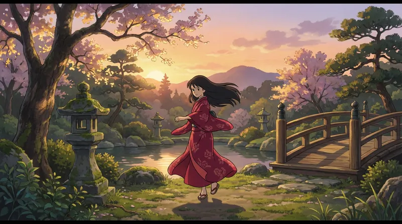 Graceful Dance in a Japanese Garden at Sunset | AI Art Generator | Easy ...