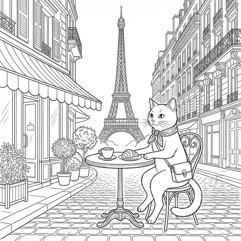 Cat in Paris Adult Coloring Book Illustration | AI Art Generator | Easy ...