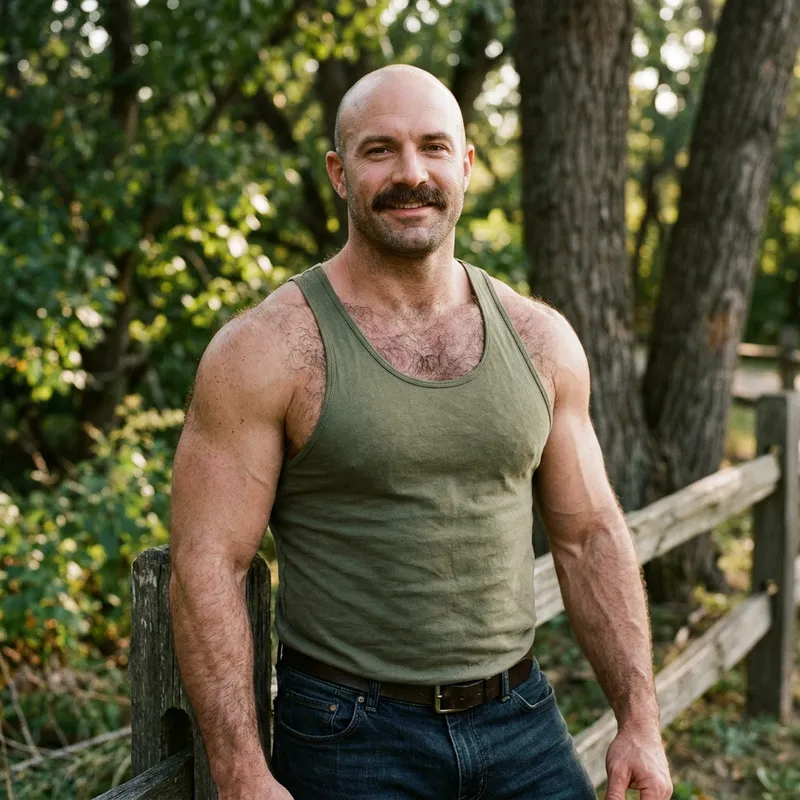 Muscular Bald Man with Hairy Chest and Mustache | AI Art Generator ...