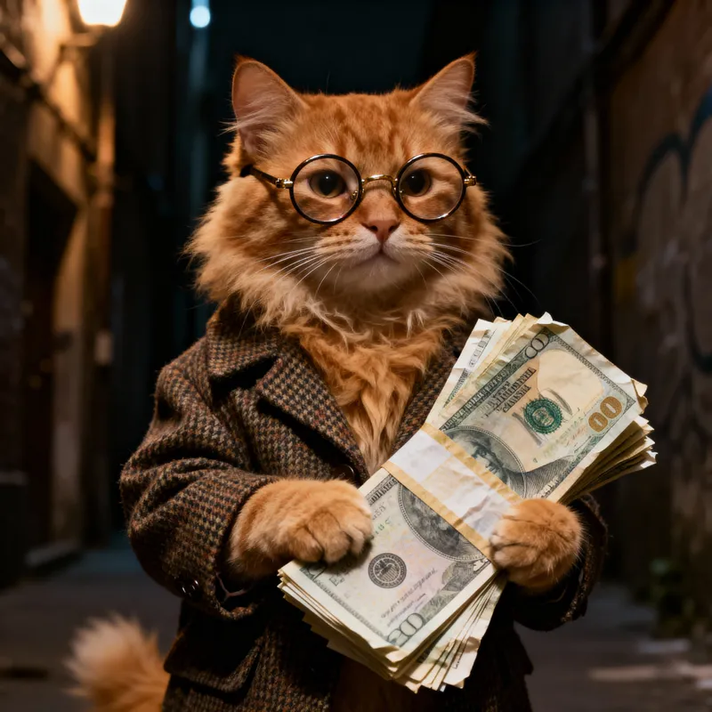 Cool Cat in Vintage Gear Holding Cash | AI Art Generator | Easy-Peasy.AI