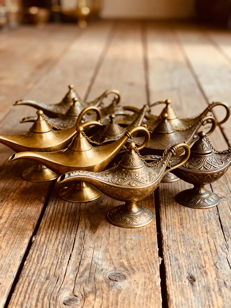 Mystical Genie's Lamps on Rustic Wood Floor | AI Art Generator | Easy ...